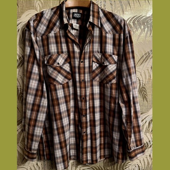 Key | Shirts | Key Brown Plaid Mens Western Shirt Pearl Snaps Size 2xlt ...